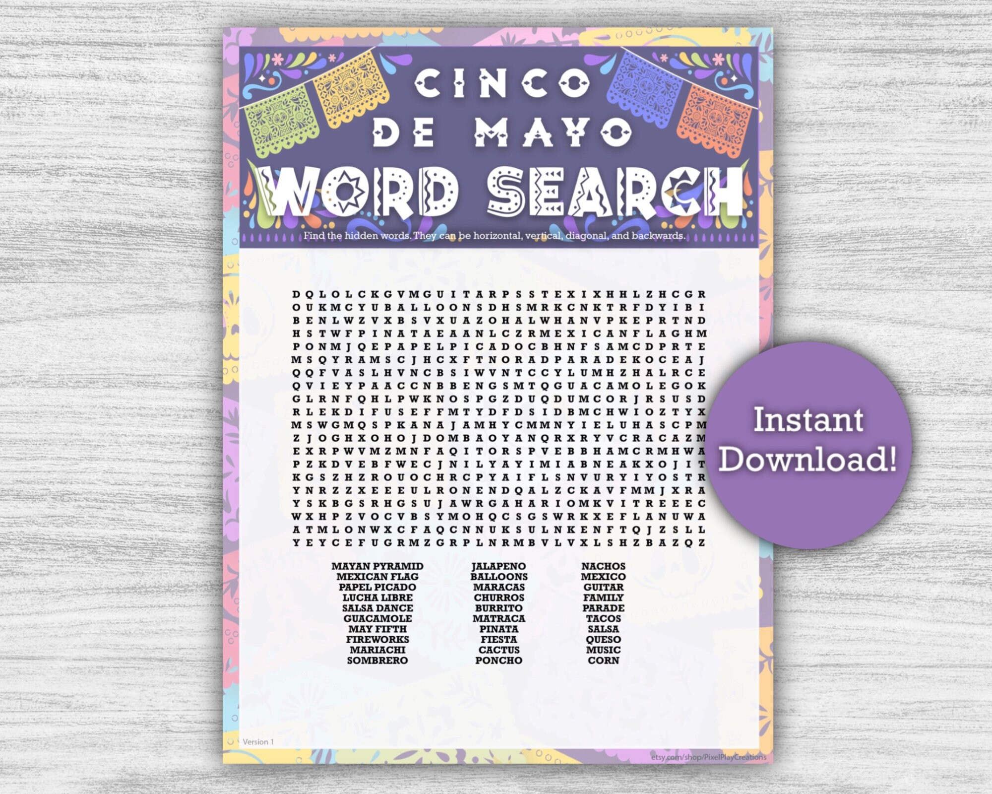 Cinco De Mayo Word Search (ADVANCED) - Printable Download - 5 Unique ...