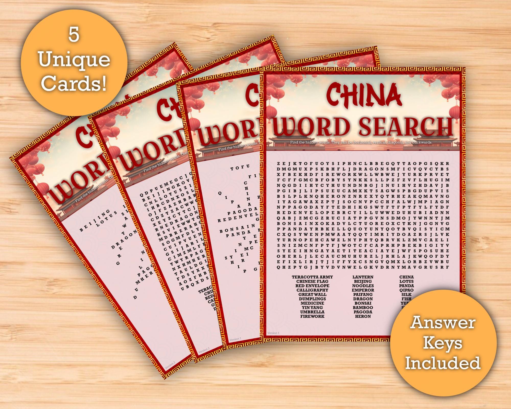 China Word Search (ADVANCED) - Printable Download - 5 Unique Word ...