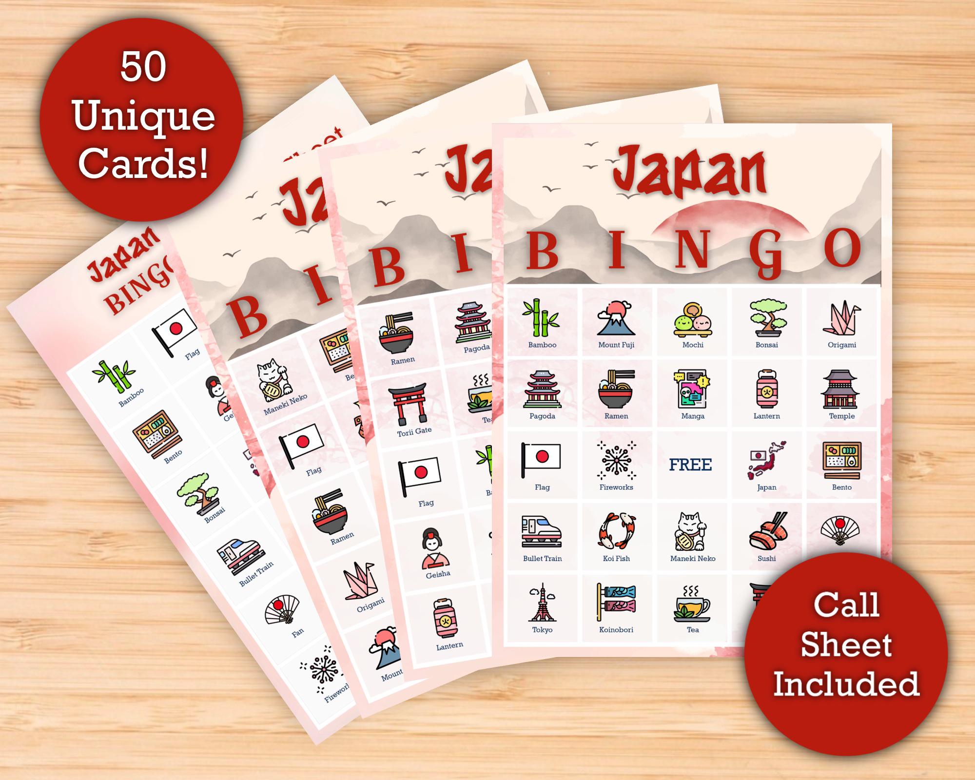 Japan Bingo - Printable Download - 50 Unique Bingo Cards - Perfect ...