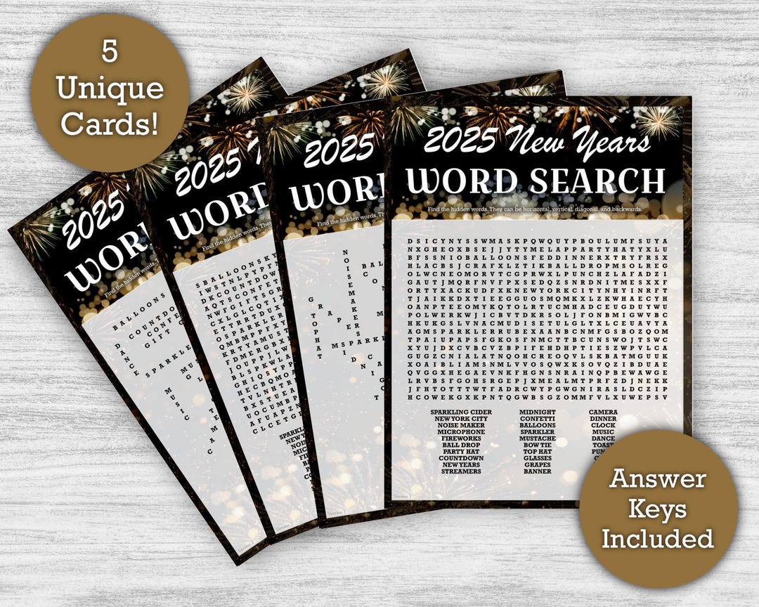 2025 New Years Word Search (ADVANCED) - Printable Download - 5 Unique ...