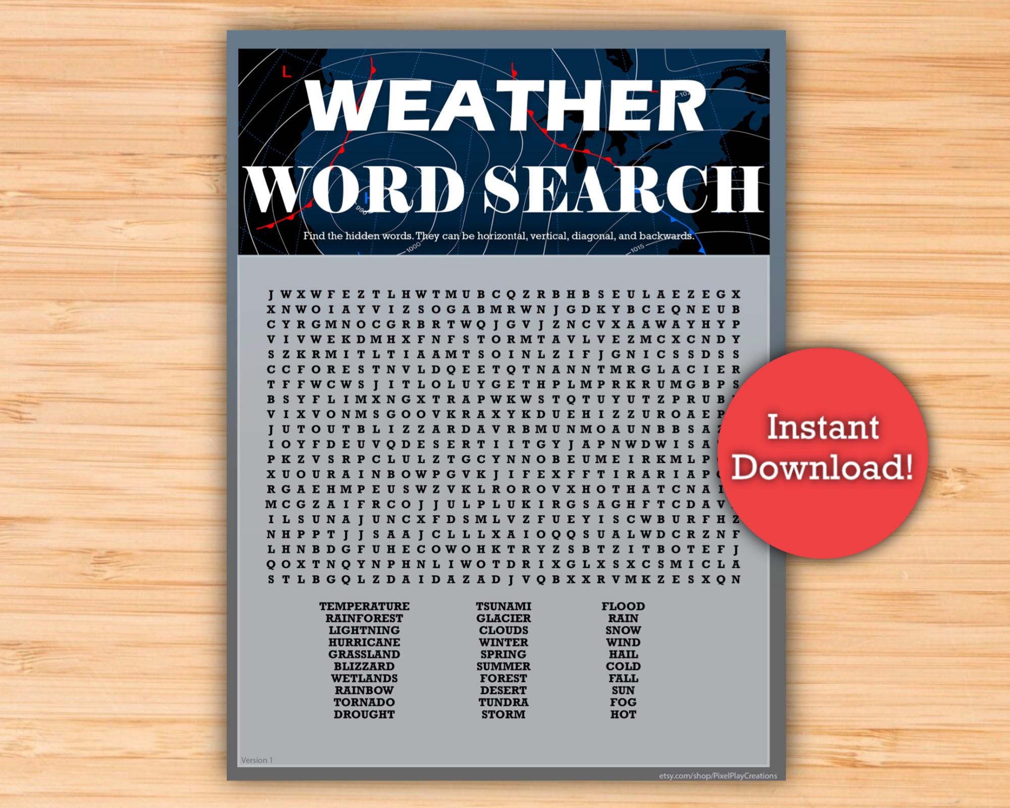 Weather Word Search (ADVANCED) - Printable Download - 5 Unique Word ...