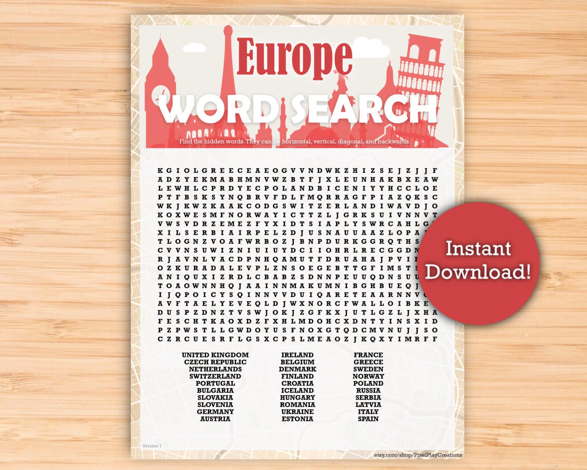 Europe Word Search (ADVANCED) - Printable Download - 5 Unique Word ...