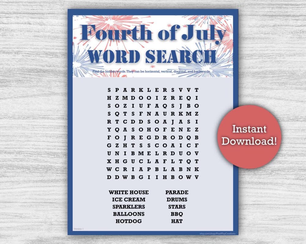Fourth of July Word Search (EASY) - Printable Download - 5 Unique Word ...
