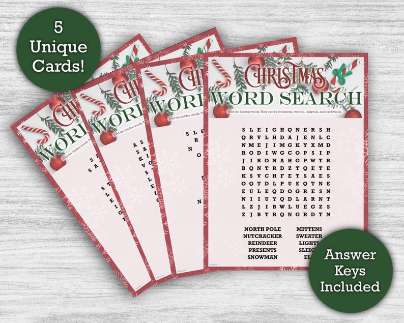 Christmas Word Search (EASY) - Printable Download - 5 Unique Word ...