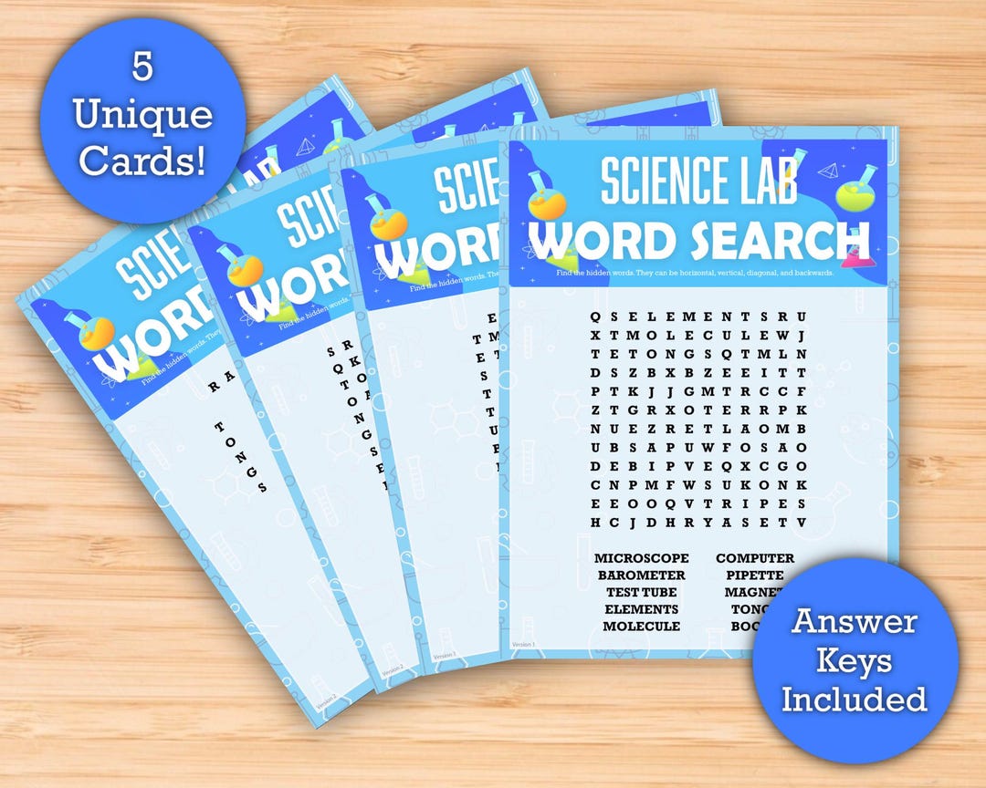 Science Lab Word Search (EASY) - Printable Download - 5 Unique Word ...