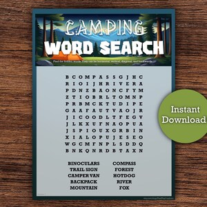 Camping Word Search (EASY) - Printable Download - 5 Unique Word Search ...