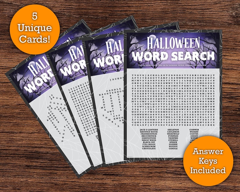 Halloween Word Search (ADVANCED) - Printable Download - 5 Unique Word ...