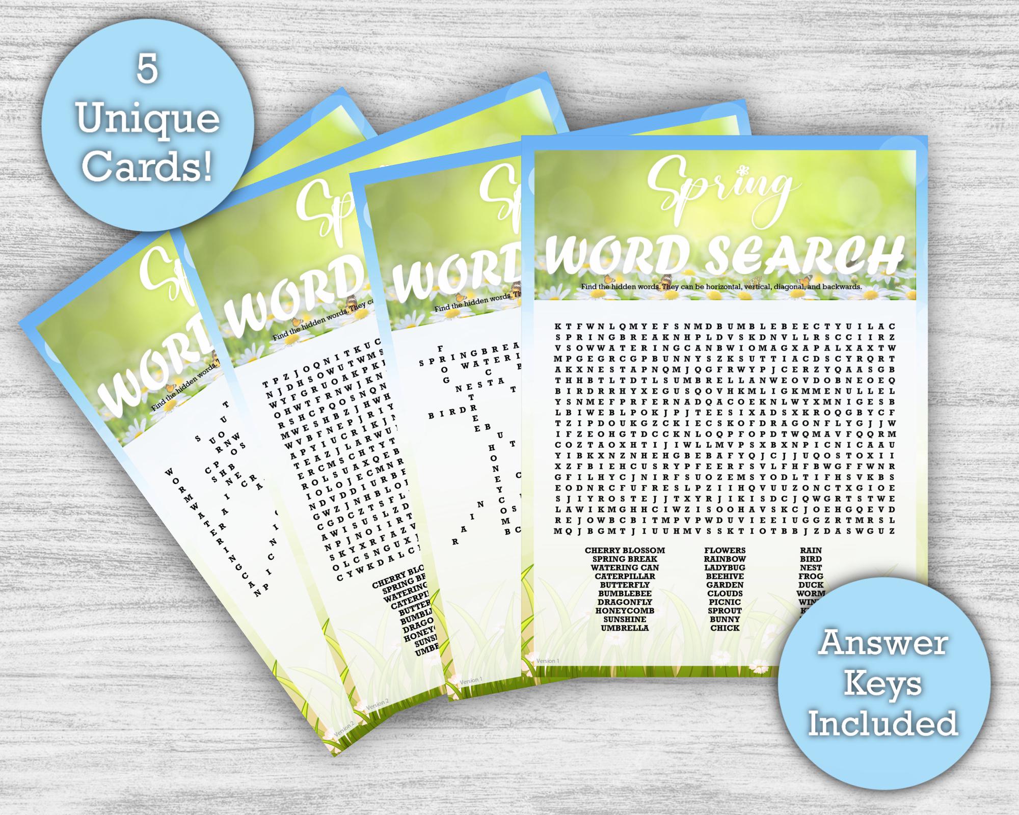 Spring Word Search (ADVANCED) - Printable Digital Download - 5 Unique ...