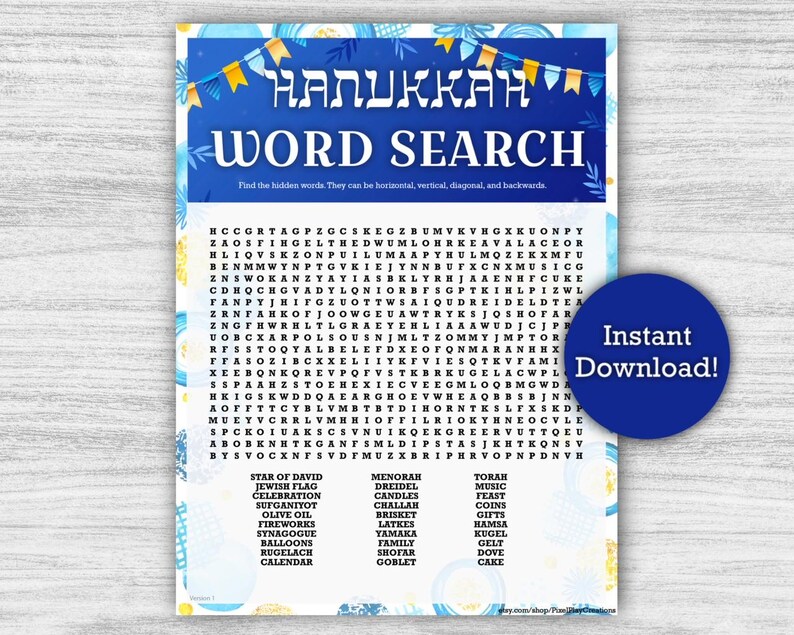 Hanukkah Word Search (ADVANCED) - Printable Download - 5 Unique Word ...