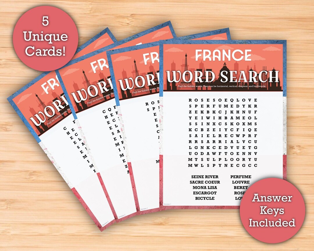 France Word Search (EASY) - Printable Download - 5 Unique Word Search ...