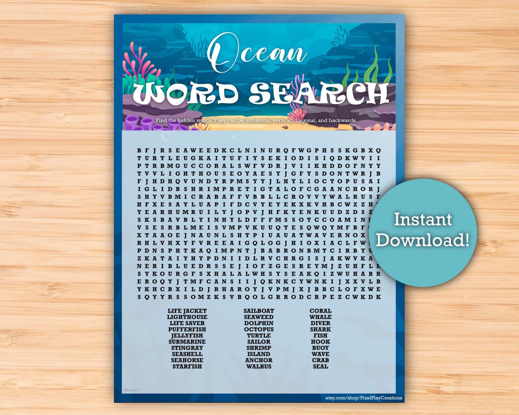 Ocean Word Search (ADVANCED) - Printable Download - 5 Unique Word ...