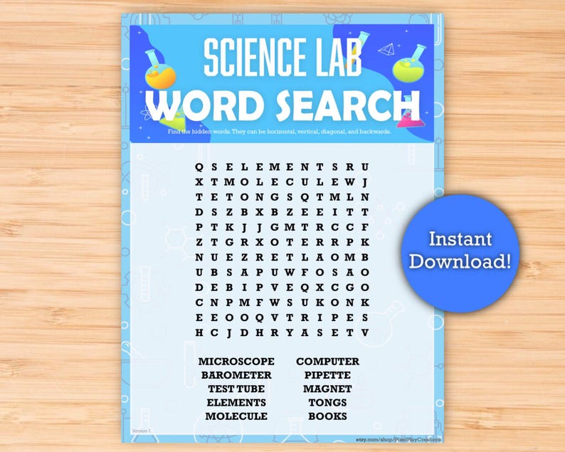 Science Lab Word Search (EASY) - Printable Download - 5 Unique Word ...