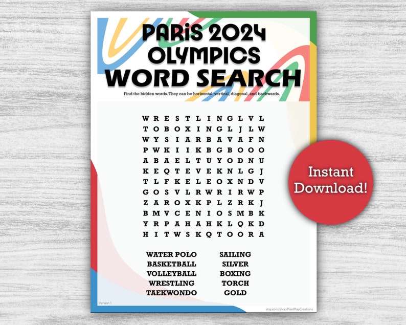 2024 Olympics Word Search EASY Printable Download 5 Unique Word Search ...