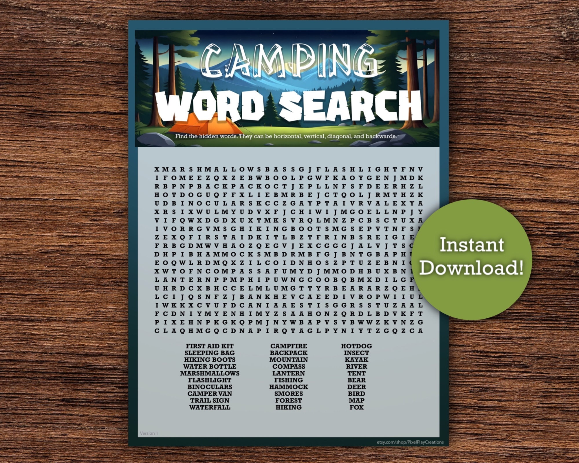 Camping Word Search (ADVANCED) - Printable Download - 5 Unique Word ...