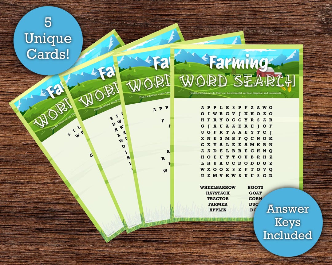 Farming Word Search (EASY) - Printable Download - 5 Unique Word Search ...