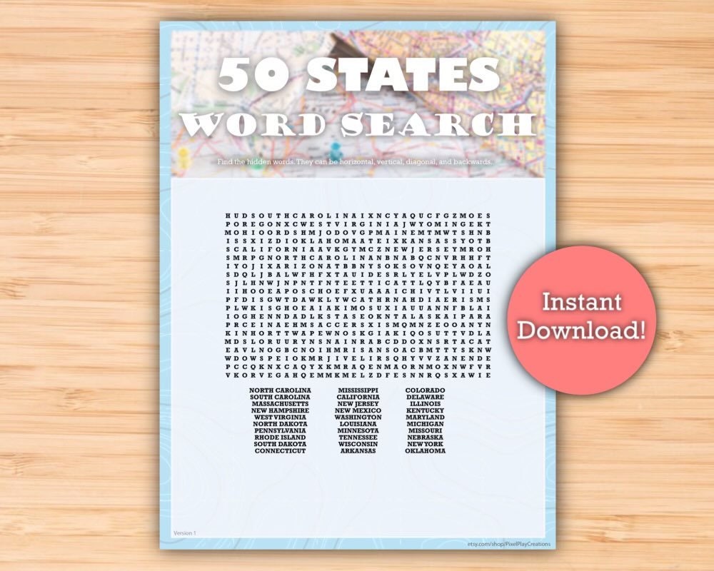 50 States Word Search (ADVANCED) - Printable Download - 5 Unique Word ...