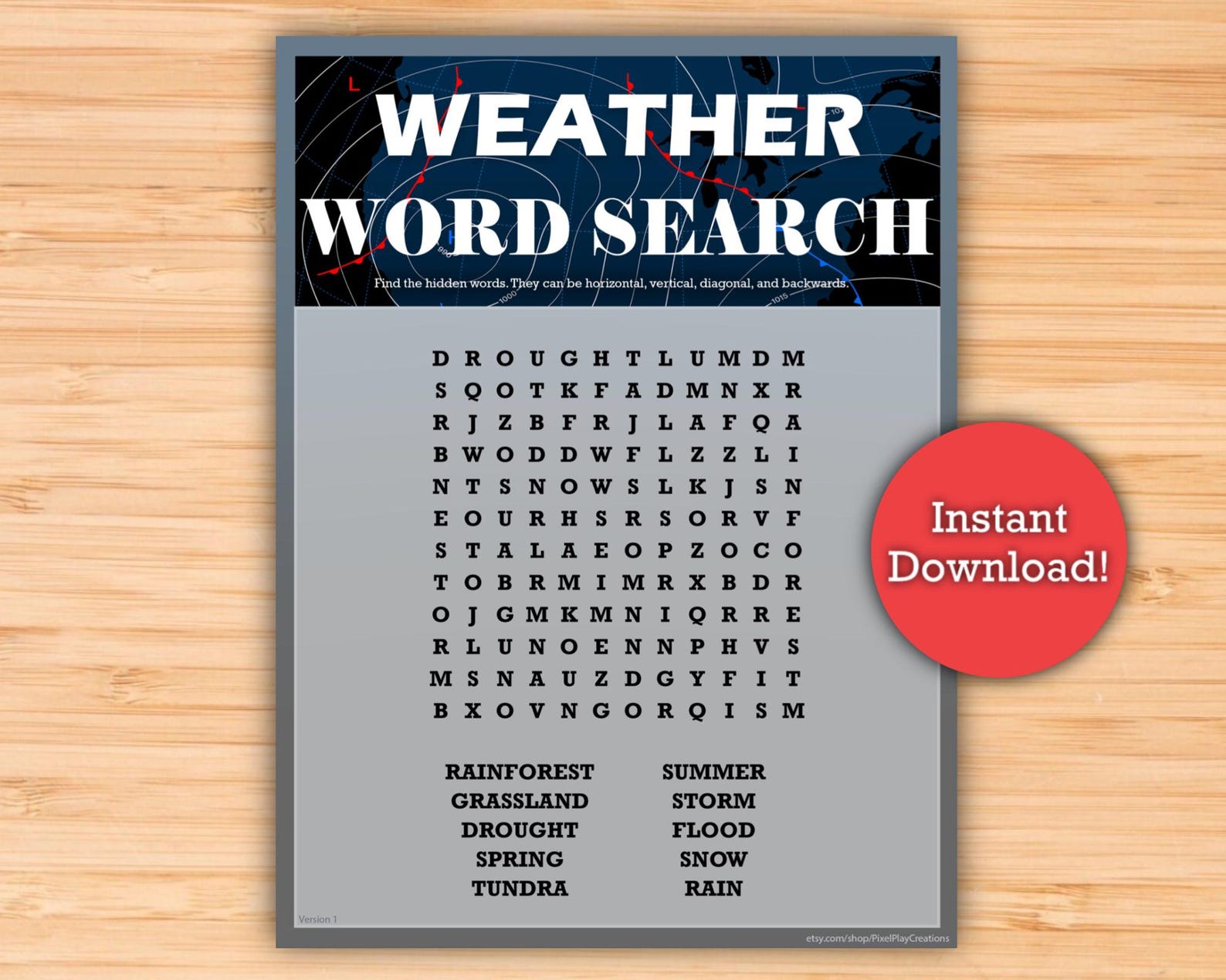 Weather Word Search (EASY) - Printable Download - 5 Unique Word Search ...