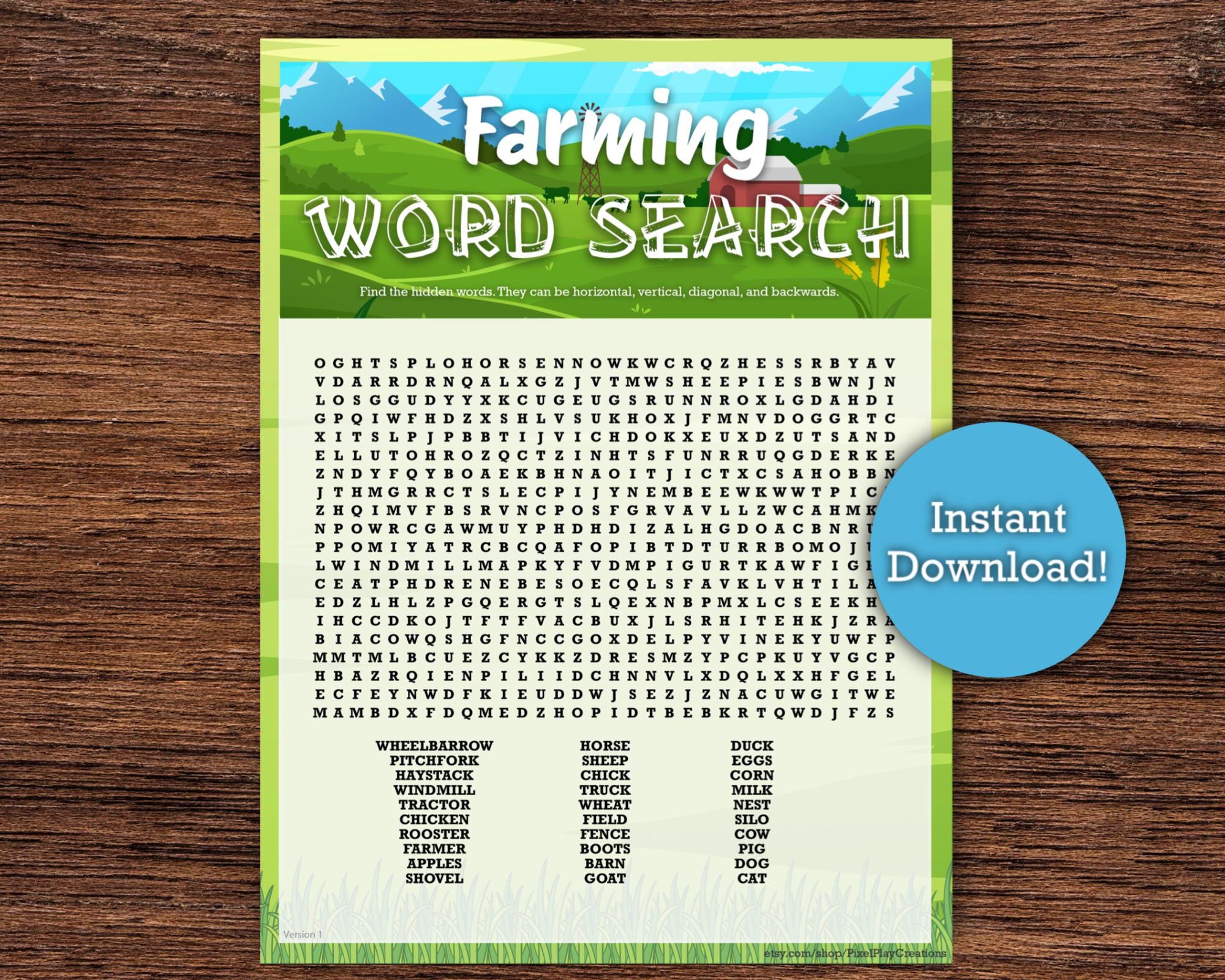 Farming Word Search (ADVANCED) - Printable Download - 5 Unique Word ...