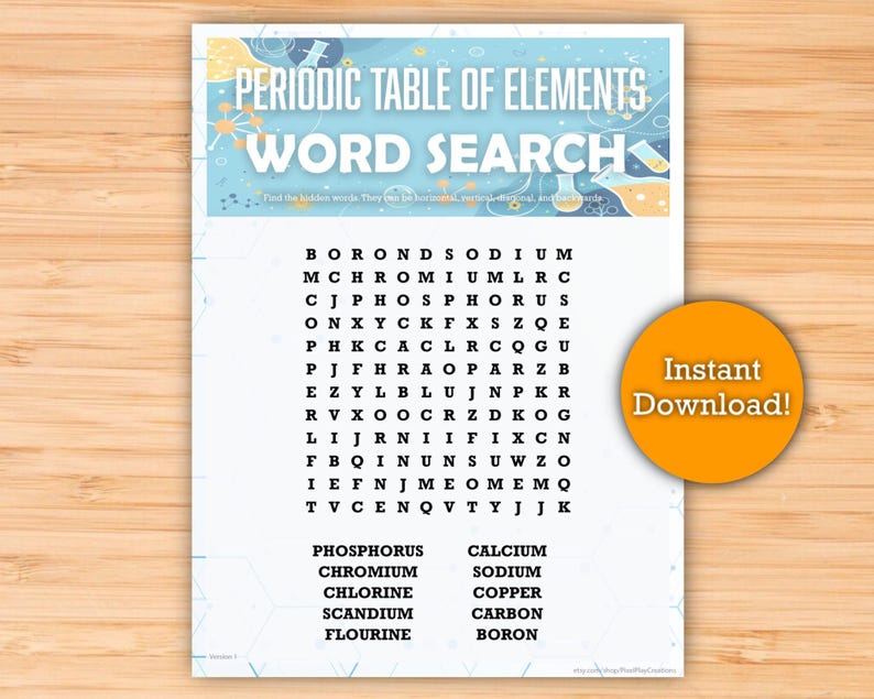 Periodic Table of Elements Word Search (EASY) - Printable Download - 5 ...
