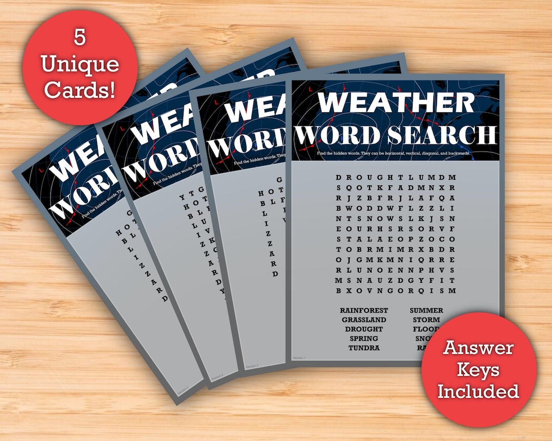 Weather Word Search (EASY) - Printable Download - 5 Unique Word Search ...