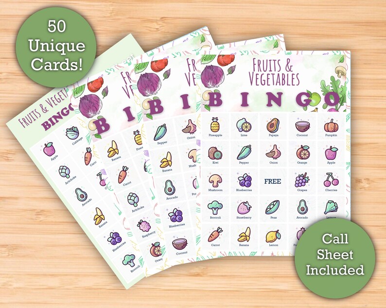 Fruits & Vegetables Bingo - Printable Download - 50 Unique Bingo Cards ...