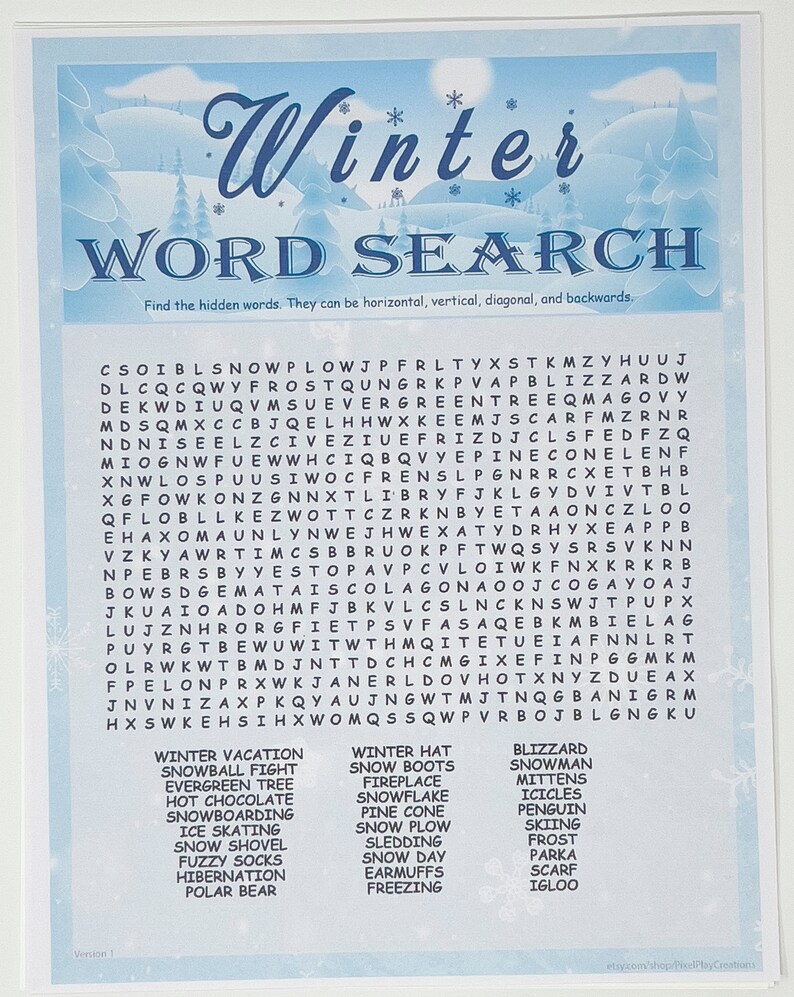 Winter Party Word Search Game - Printable Digital Download - 5 Unique ...