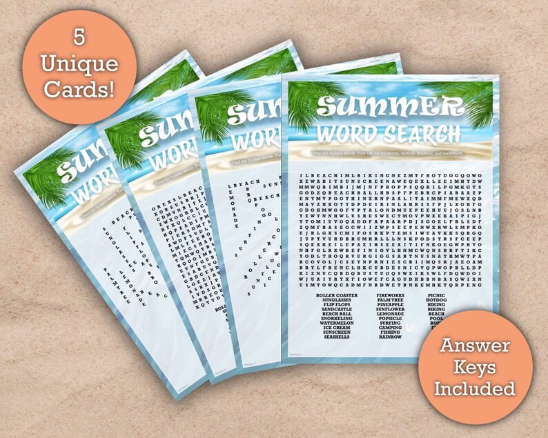 Summer Word Search (ADVANCED) - Printable Download - 5 Unique Word ...