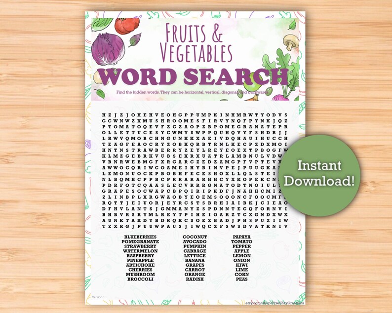 Fruits & Vegetables Word Search (ADVANCED) - Printable Download - 5 ...
