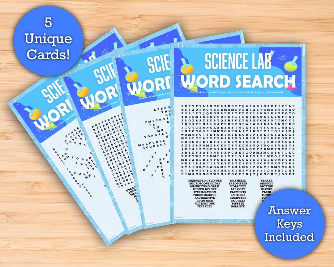 Science Lab Word Search (ADVANCED) - Printable Download - 5 Unique Word ...