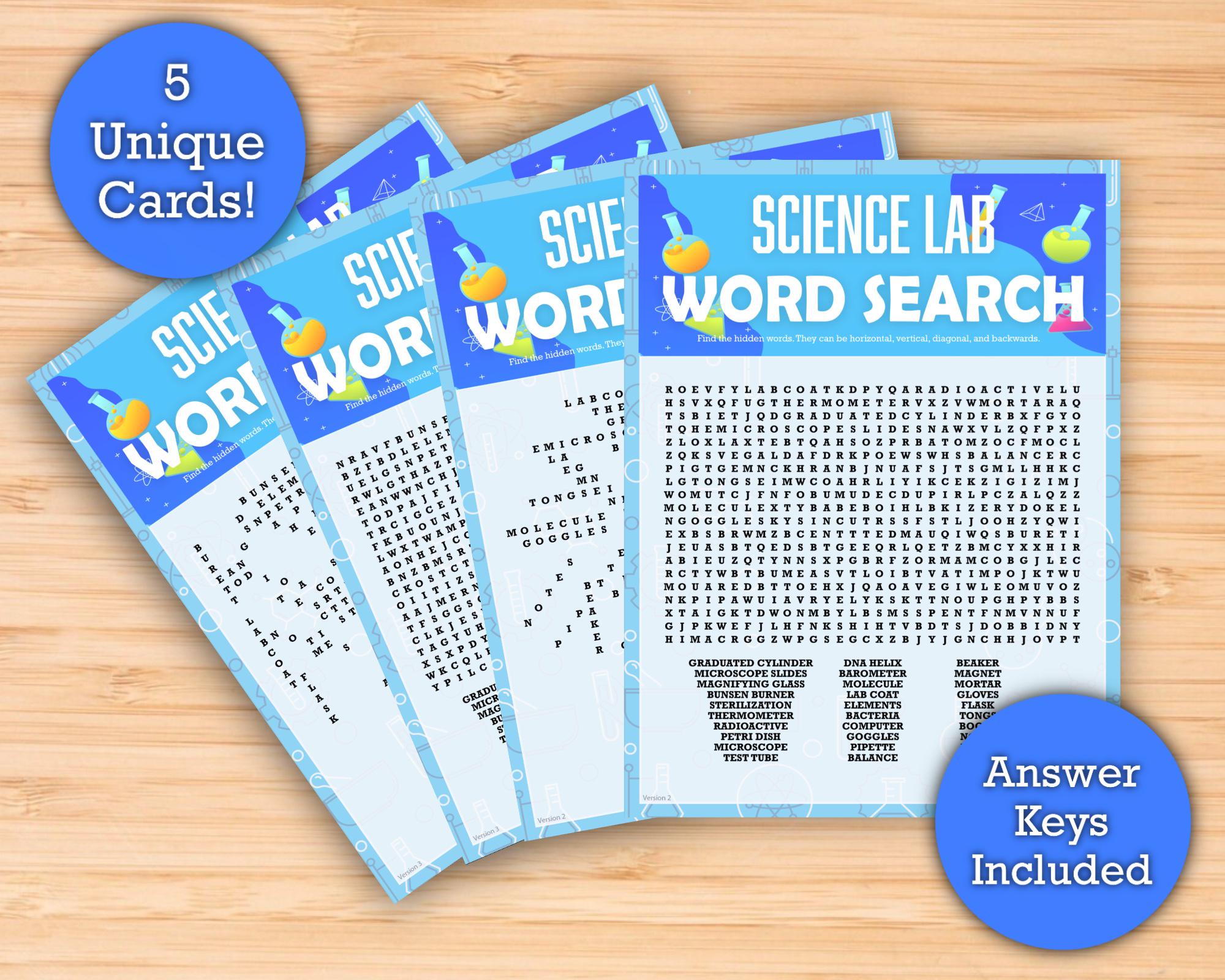 Science Lab Word Search (ADVANCED) - Printable Download - 5 Unique Word ...