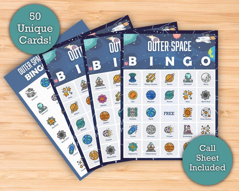 Outer Space Bingo - Printable Download - 50 Unique Bingo Cards ...