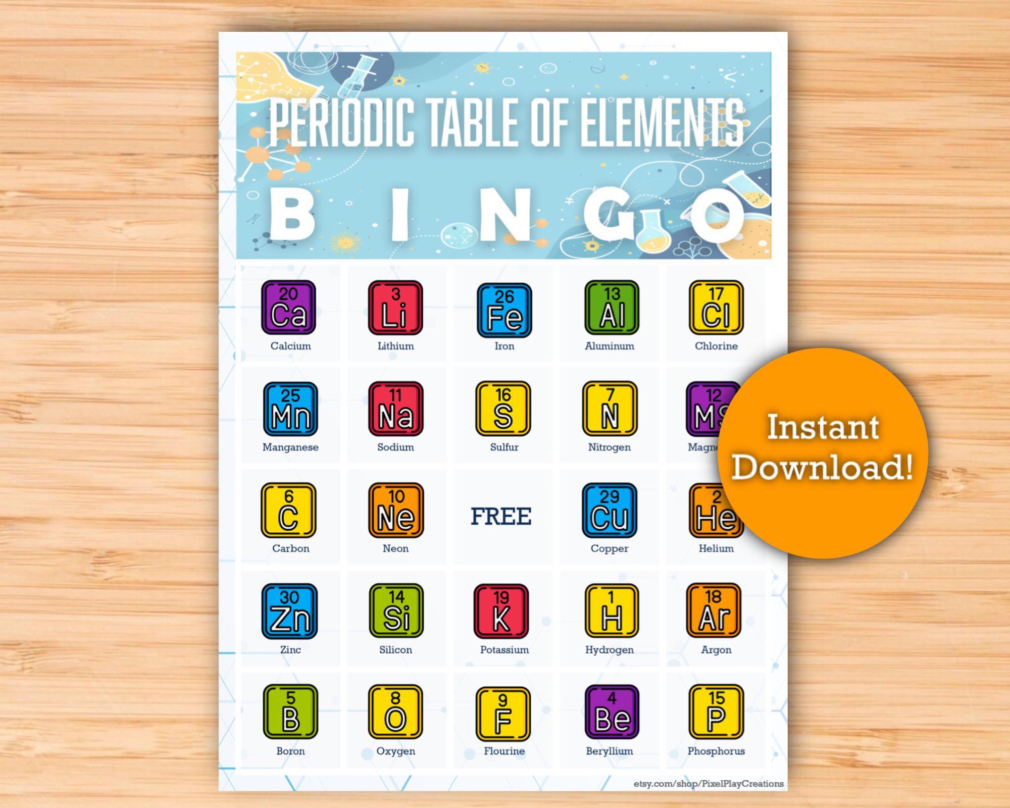 Periodic Table of Elements Bingo - Printable Download - 50 Unique Bingo ...