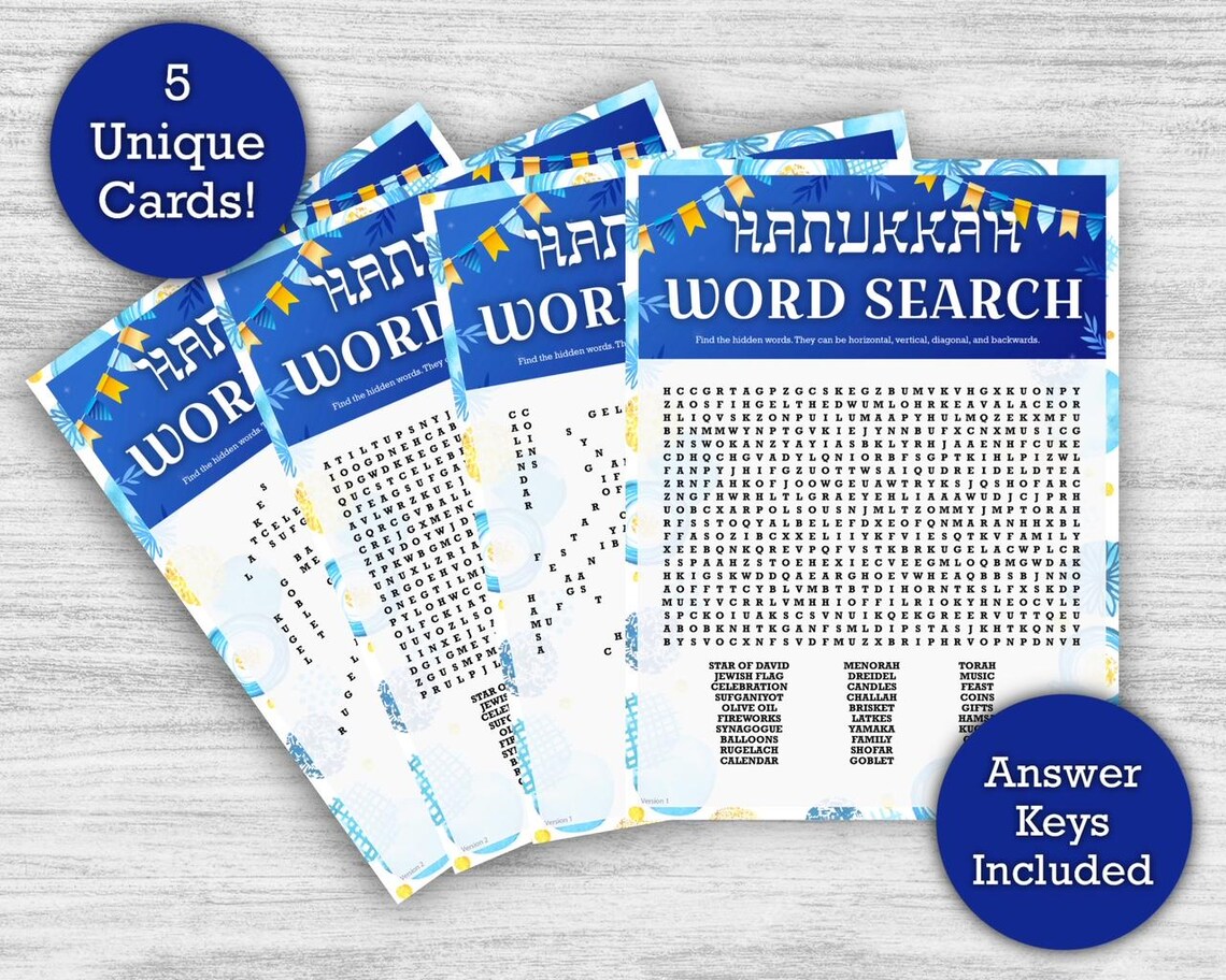 Hanukkah Word Search (ADVANCED) - Printable Download - 5 Unique Word ...