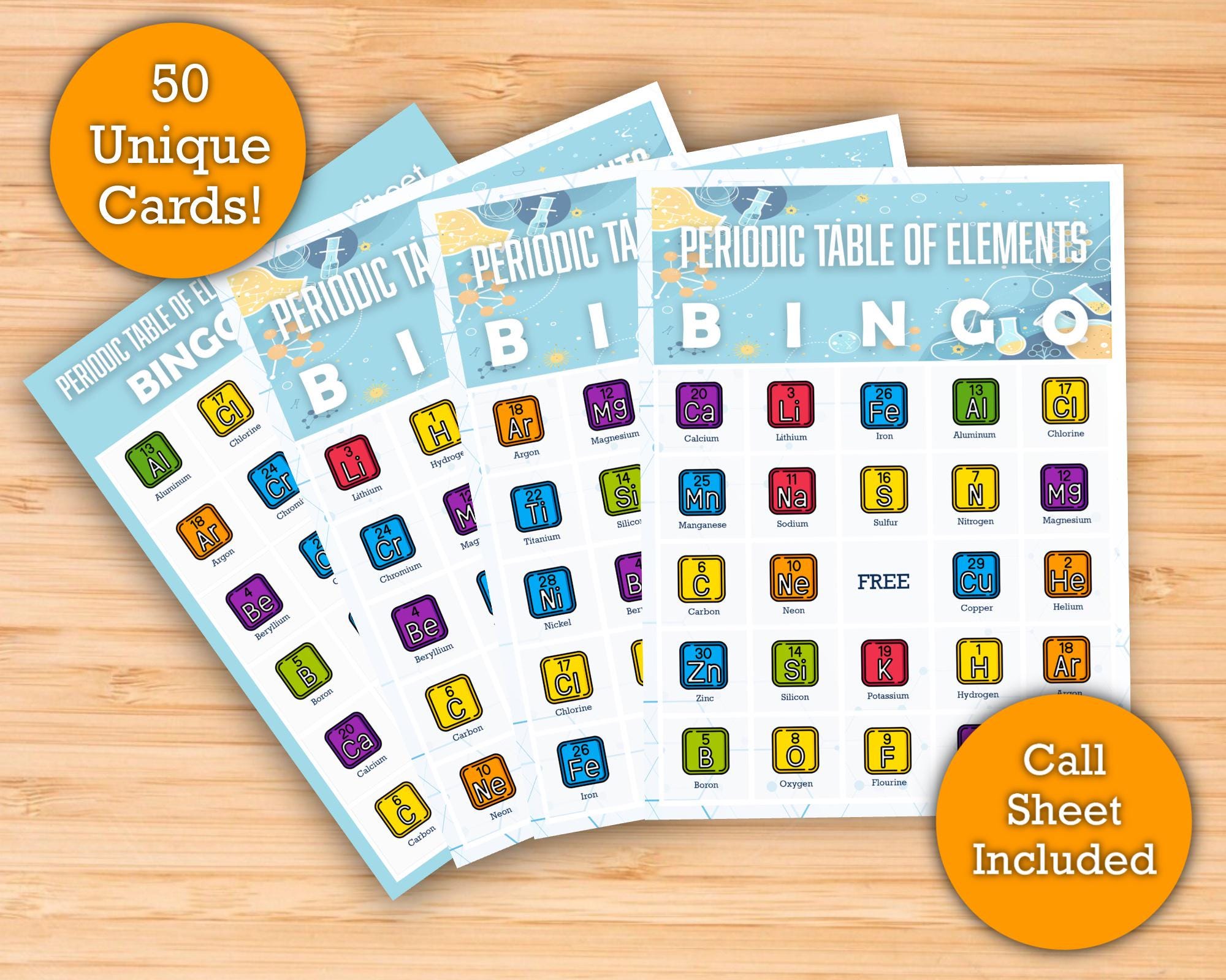 Periodic Table of Elements Bingo - Printable Download - 50 Unique Bingo ...