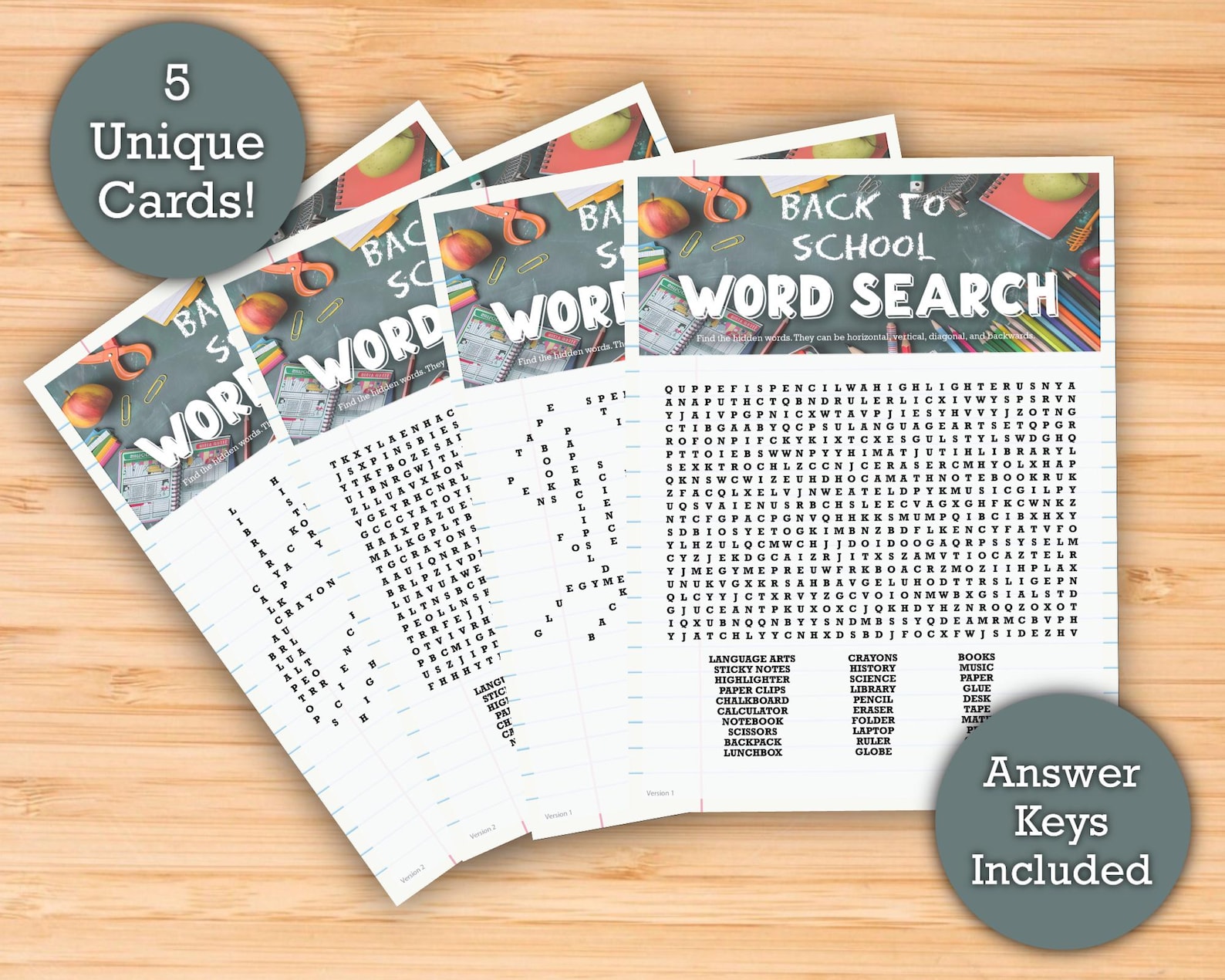 Back to School Word Search (ADVANCED) - Printable Download - 5 Unique ...