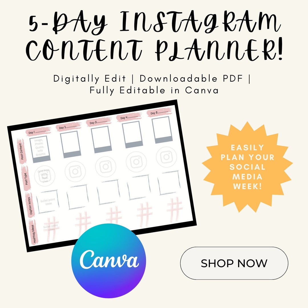 INSTAGRAM PLANNER 5-day Template - Canva Template for Business or ...