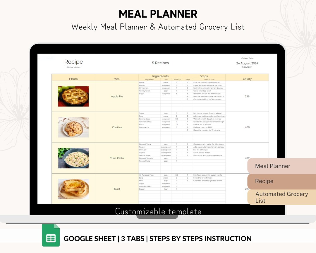 Weekly Meal Planner Google Sheet: Automated Grocery List (digital ...