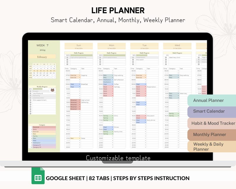Life Planner Google Sheet: Smart Calendar, Habit Tracker (digital ...
