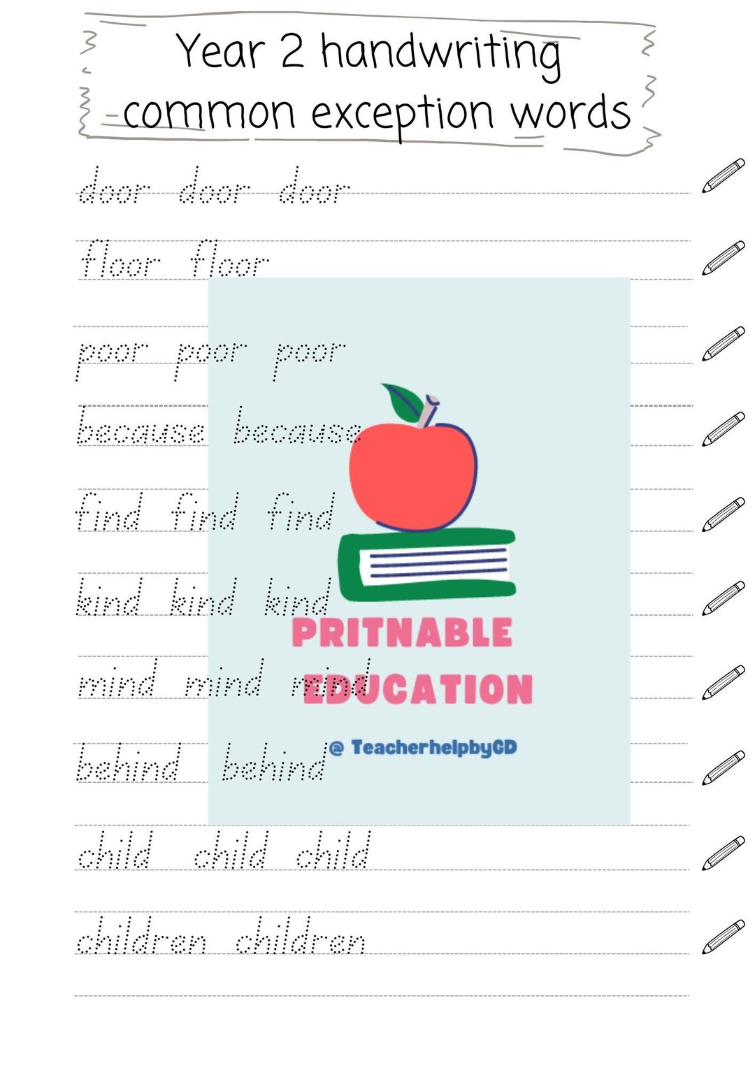 Printable Education Year 2 Common Exception Spellings Handwriting ...