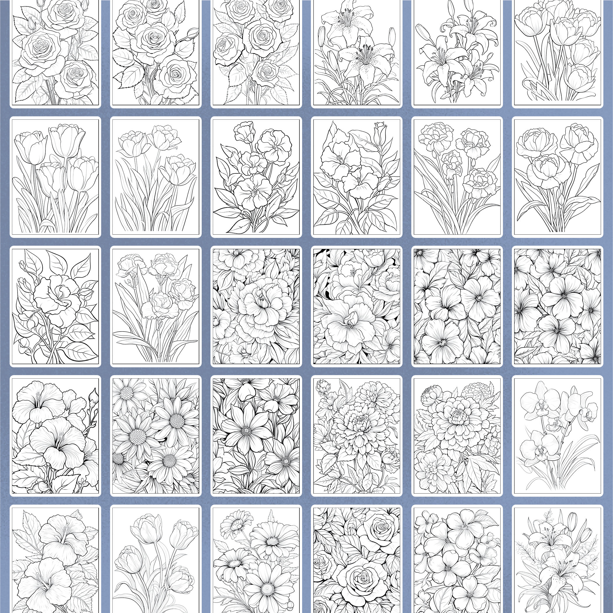 Flower Coloring Book Pages Collection Flower Illustrations - Etsy