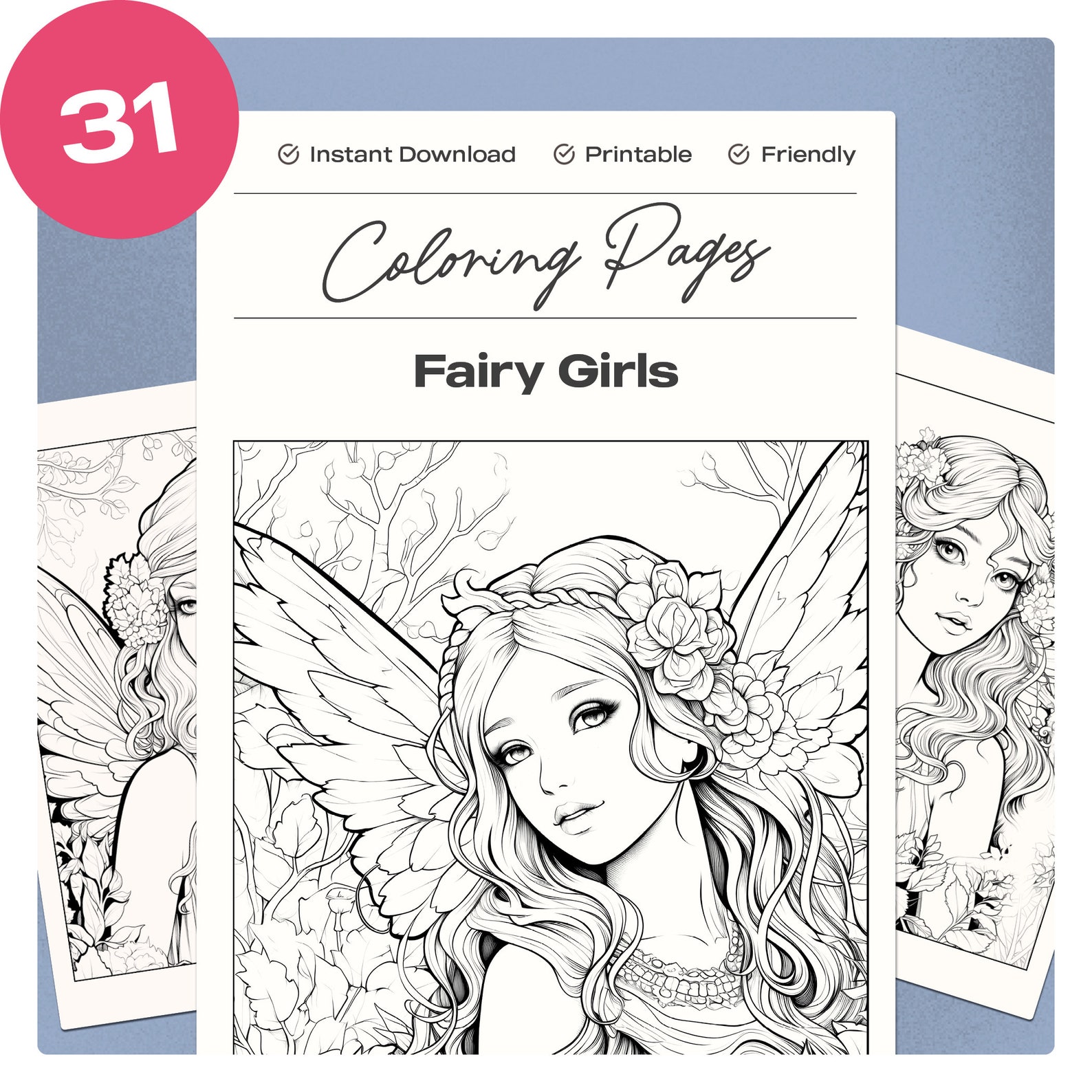 Dreamy Fairy Girls Coloring Book, Winged Fairy, Floral Wreath, Magical ...