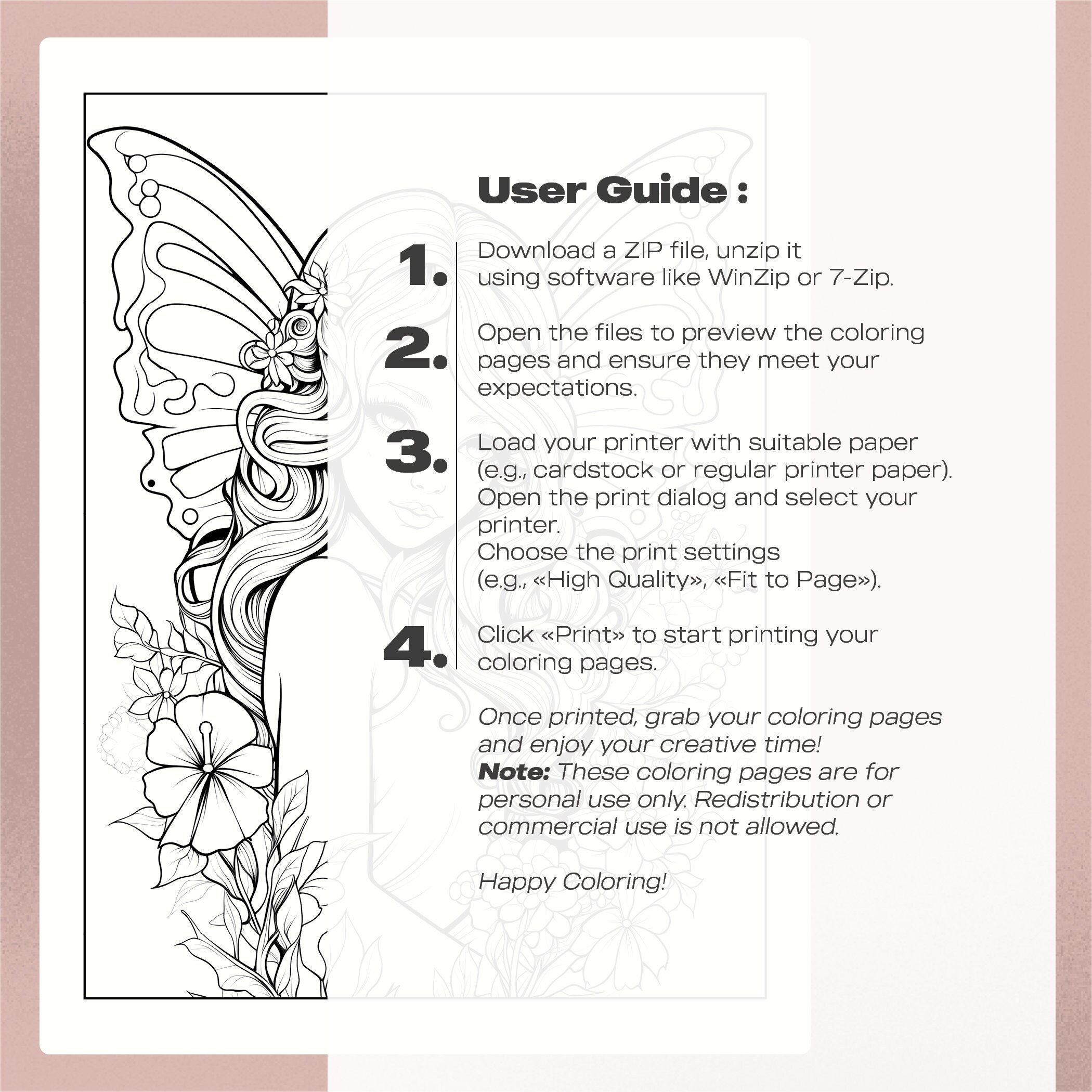 Butterfly Girl Digital Coloring Page Butterfly Wings Floral - Etsy