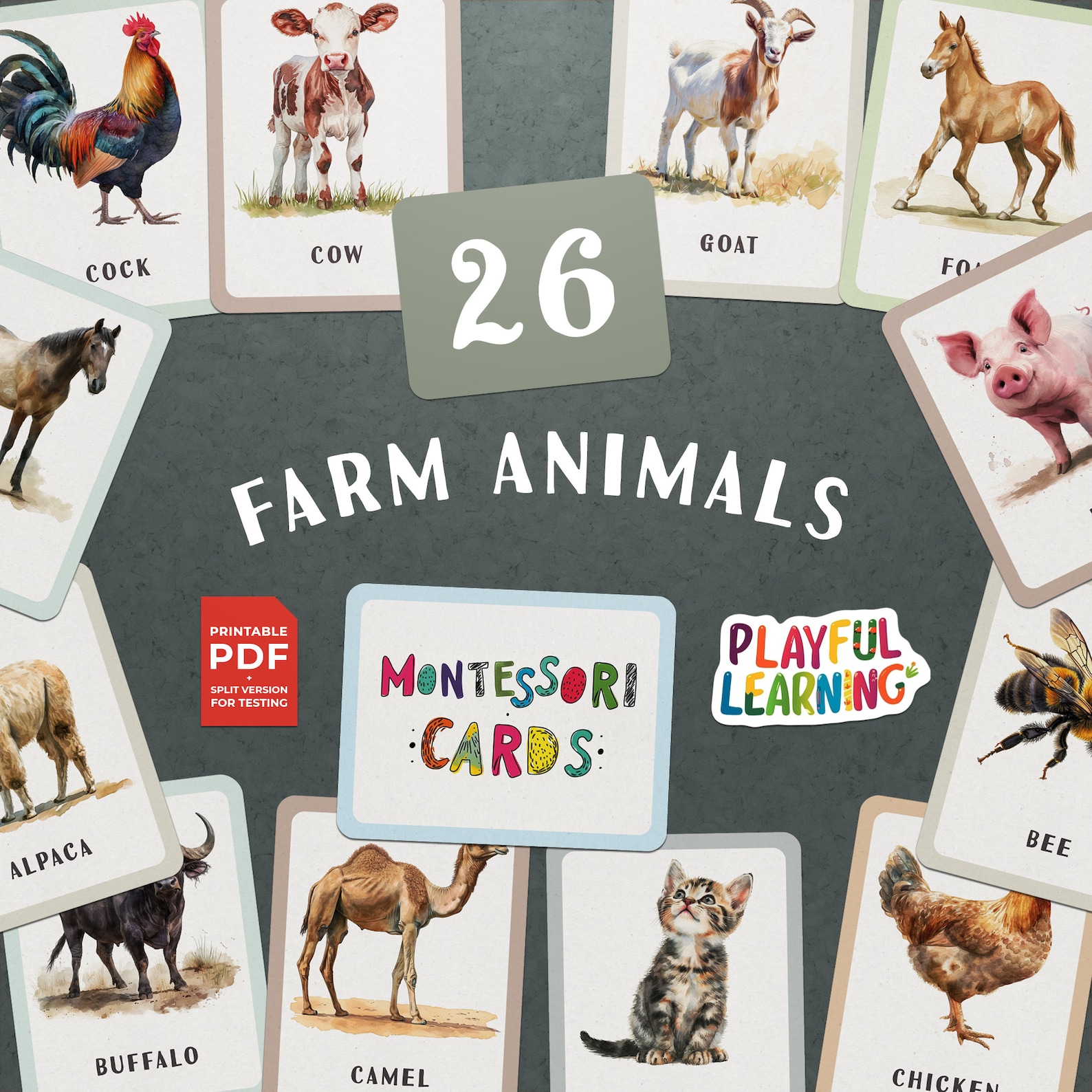 Montessori Farm Animals Cards - Printable Educational Flashcards for ...