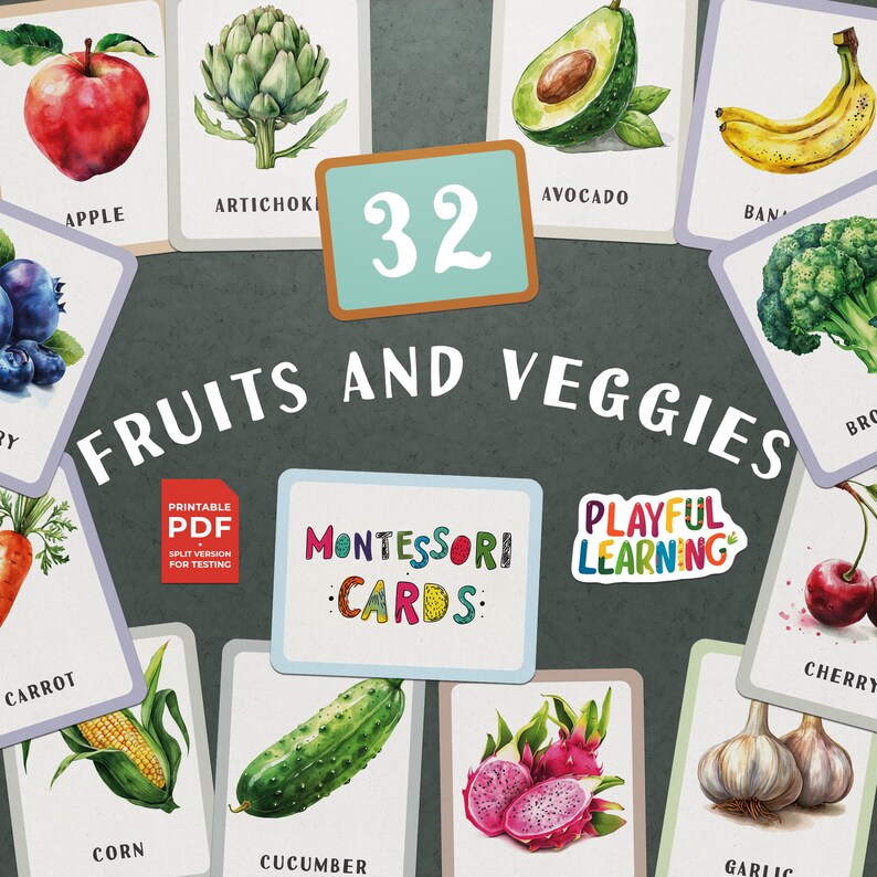 Montessori Flash Cards Fruits & Vegetables - Printable Educational ...