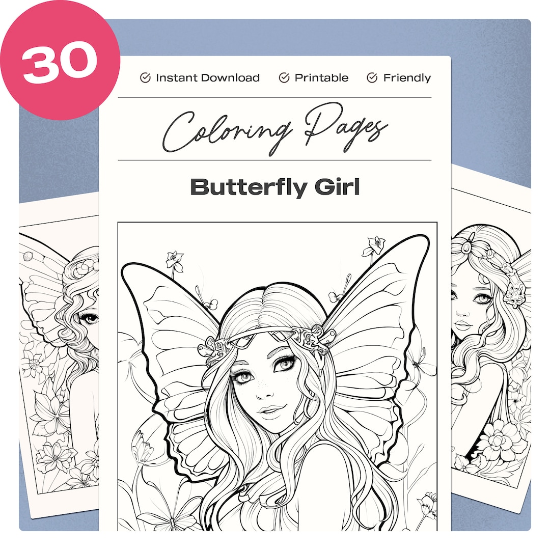 Butterfly Girl Digital Coloring Page, Butterfly Wings, Floral Wreath ...