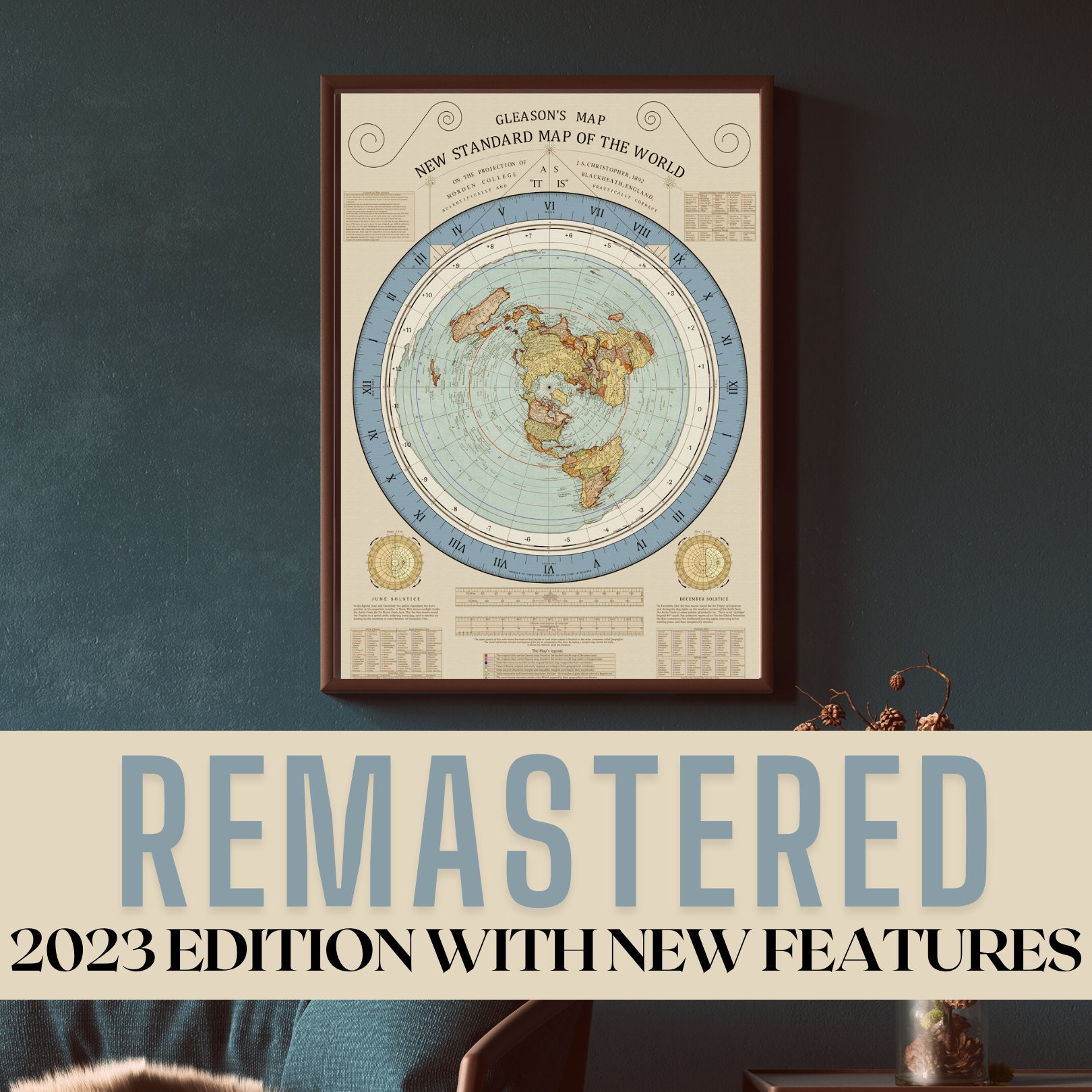 Gleason's New Standard Map of the World 2023 Remastered - Flat Earth Map Digital Download Blue ...