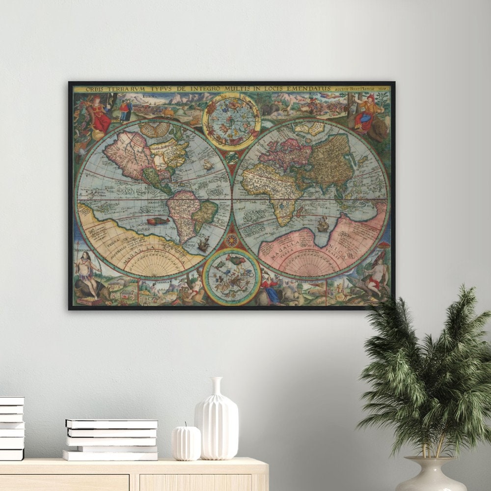 World Map 1594 by Petrus Plancius on Dark Wood Frame - Etsy