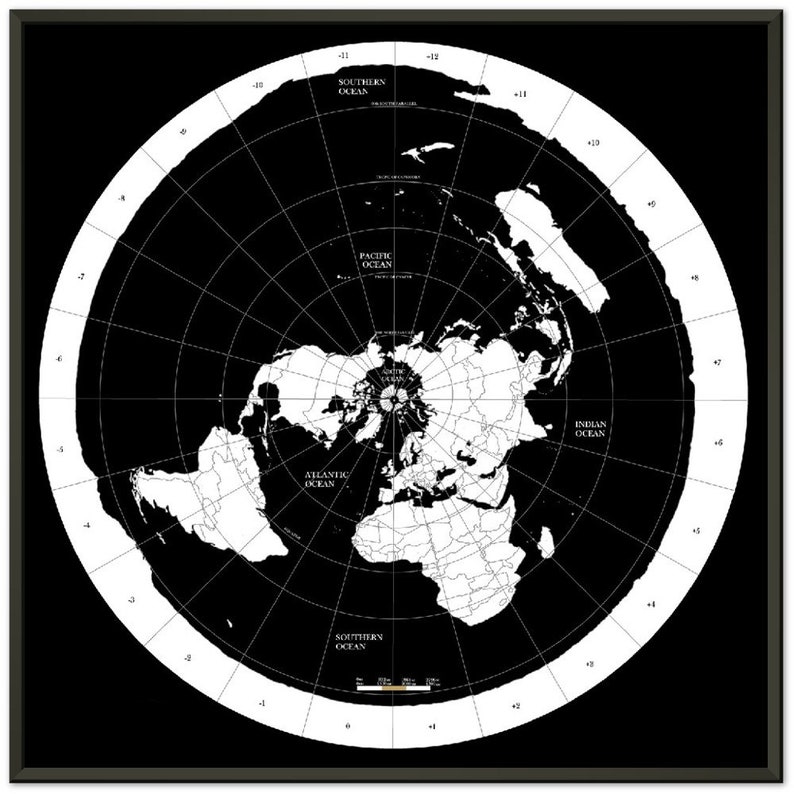 2023 Black and White Flat Earth Map With Modern Day Borders Azimuthal ...