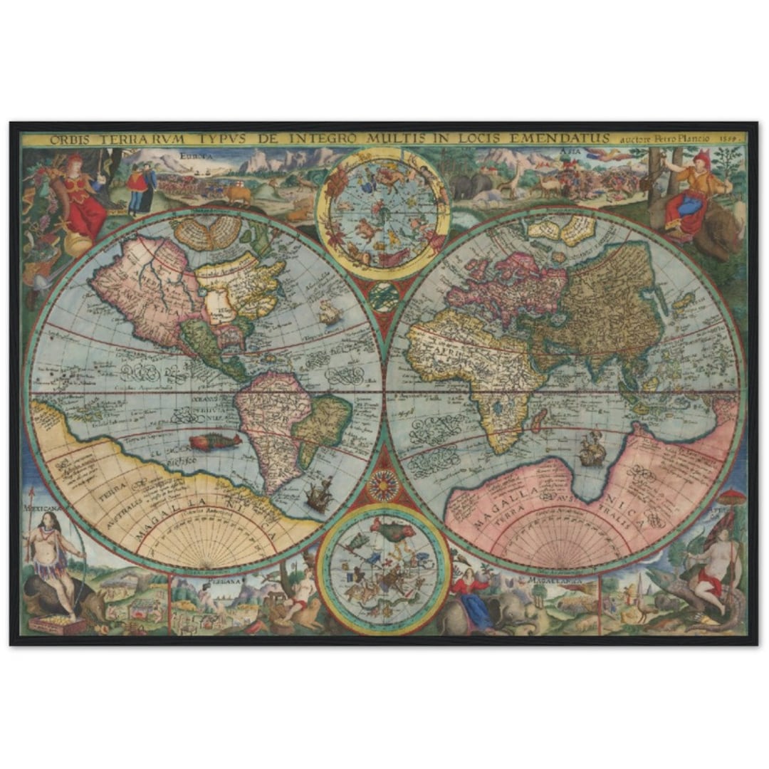 World Map 1594 by Petrus Plancius on Dark Wood Frame - Etsy