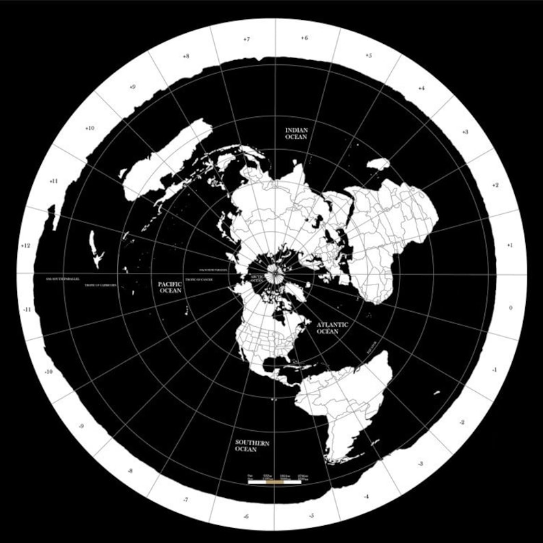 2023 Black and White Flat Earth Map With Modern Day Borders Azimuthal ...